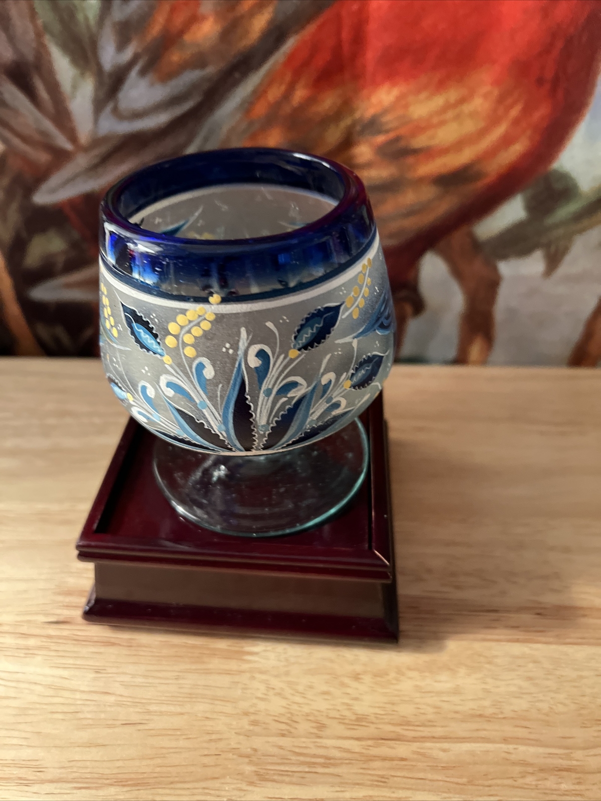 MEXICAN FROSTED HAND BLOWN HAND PAINTED COBALT EDGE BRANDY GLASS BIRD ...