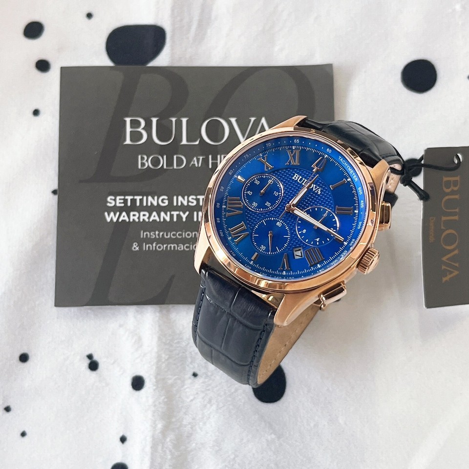 Bulova 97B170 Wilton 46.5mm Bule Dial Leather Strap Classic Quartz Men ...
