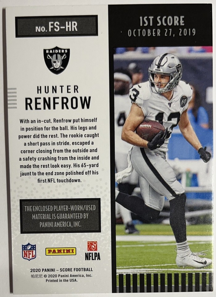 2020 Panini Score Hunter Renfrow 1st Score Jersey #FS-HR Las Vegas ...