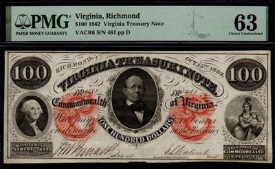 1862 $100 VIRGINIA TREASURY Note, RICHMOND PMG UNC 63 Southern State ...