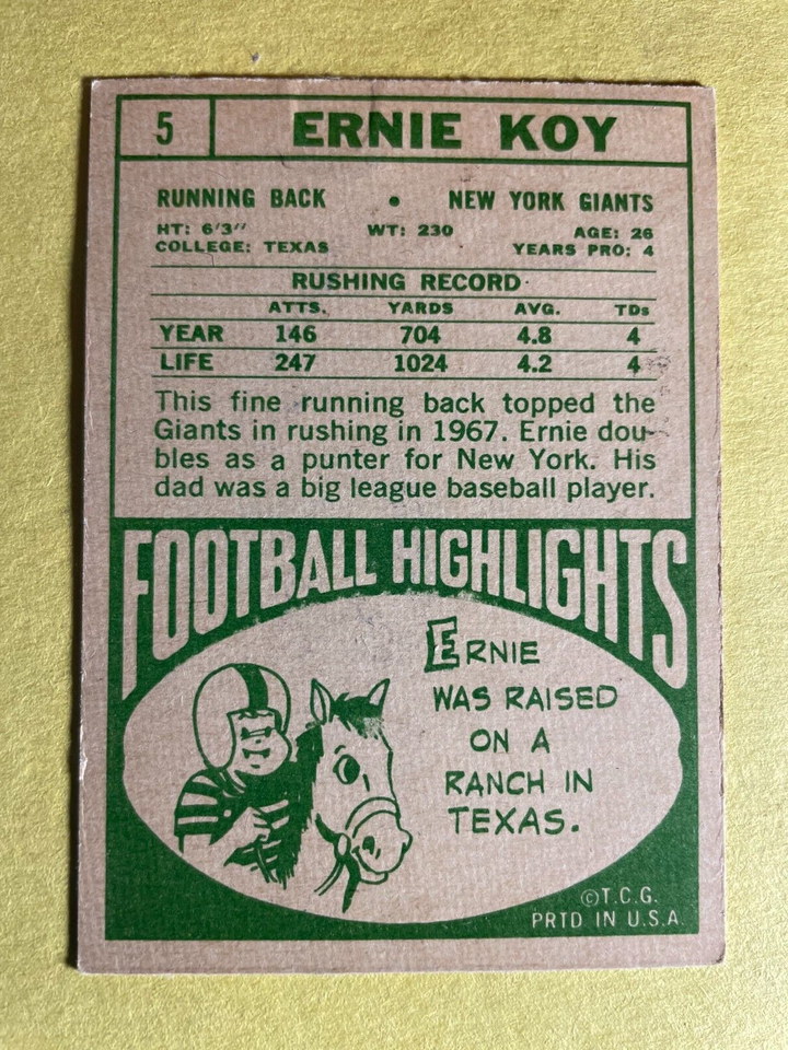 SIGNED ERNIE KOY 1969 TOPPS FOOTBALL CARD AUTOGRAPHED - NEW YORK GIANTS ...