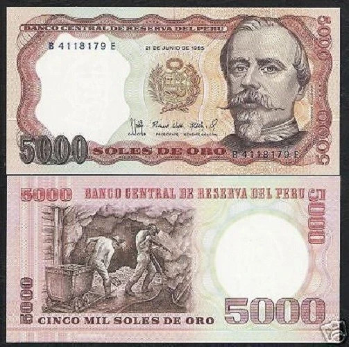 Peru 5000 SOLES P-117 1985 Peruvian Workers Mining UNC World Currency ...