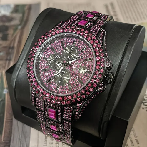 Luxury Hip Hop Men's Ice Out Watch Iced Bling Jewelry Pink Waterproof ...