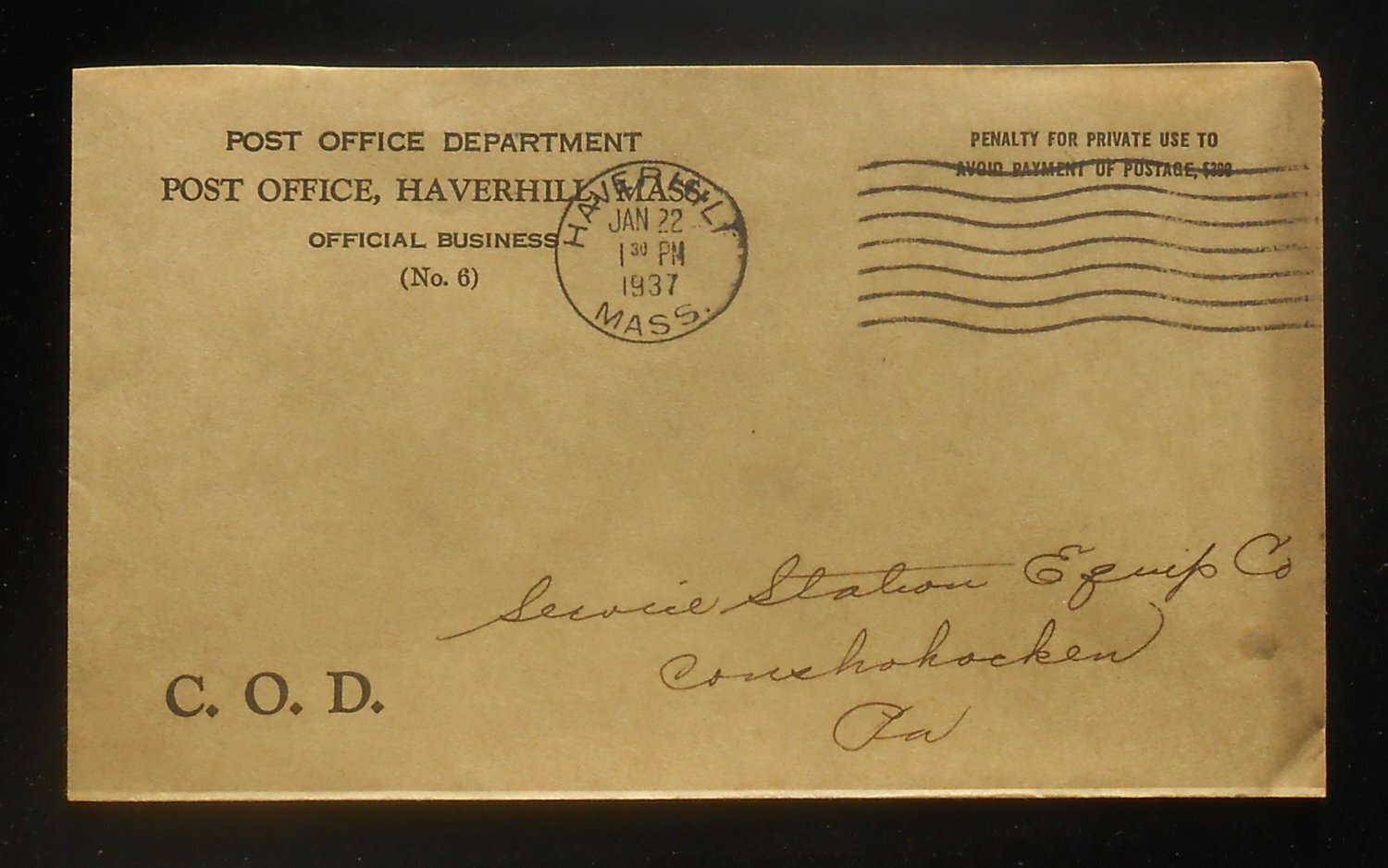 1937 POSTAL HISTORY Post Office Official Business C. O. D. Haverhill MA ...