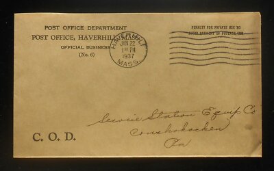 1937 POSTAL HISTORY Post Office Official Business C. O. D. Haverhill MA ...