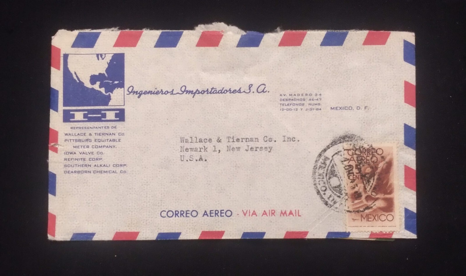 D)1945, MEXICO, LETTER SENT TO U.S.A, AIR MAIL, IMPORTED ENGINEERS S,A ...