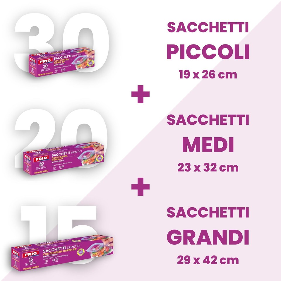 Set 65 sacchetti ermetici per alimenti, chiusura doppia Zip, etichetta ...