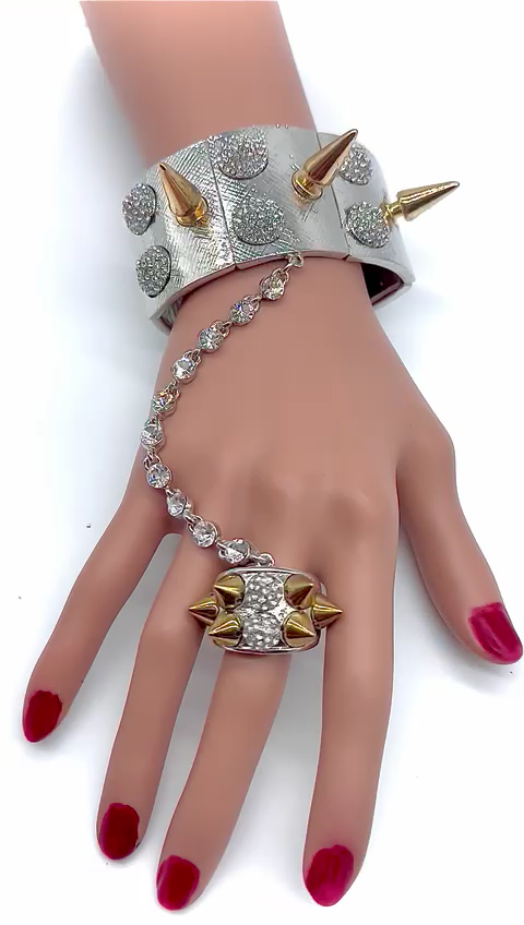 Women Silver Metal Hand Chain Gold Spike Bracelet Ring Special ...