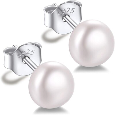 Silvora Pearl Earrings 925 Sterling Silver Studs for Women 6mm Button ...