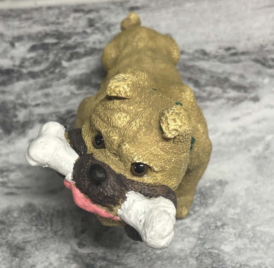 Hand Cast English Bulldog Puppy Bone In Mouth Green Studded Collar Made ...