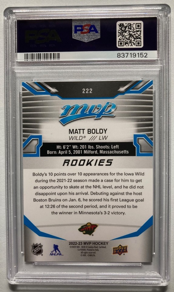 2022 Upper Deck MVP Hockey Matt Boldy Rookie Card #222 PSA GEM MT 10 | eBay