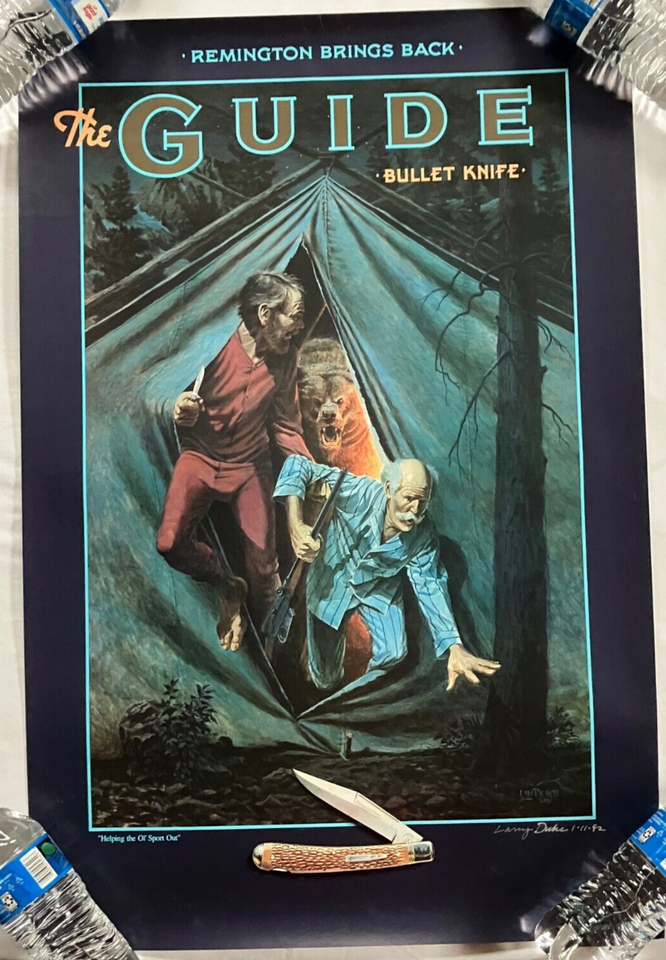 SIGNED REMINGTON GUIDE BULLET KNIFE POSTER “HELPING THE OL’ SPORT OUT ...