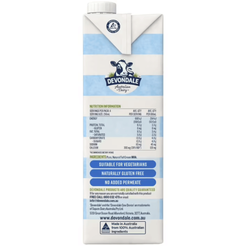 NEW 10x Devondale Full Cream Long Life UHT Milk 1L Box Carton BULK ...