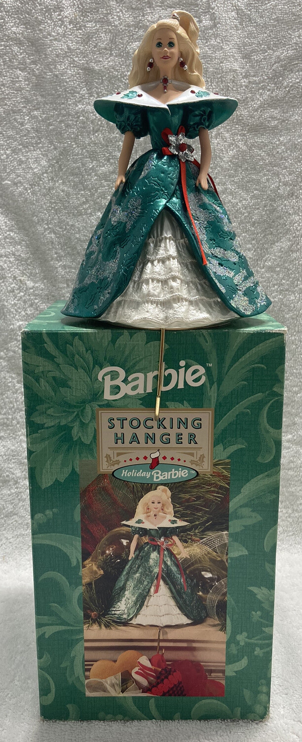 Hallmark Happy Holidays Barbie Stocking Hanger 1996 Green Dress Holly ...