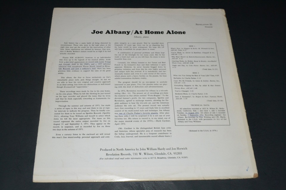 Joe Albany~At Home Alone~1976 Jazz~Bop~Revelation Records~Quick ...