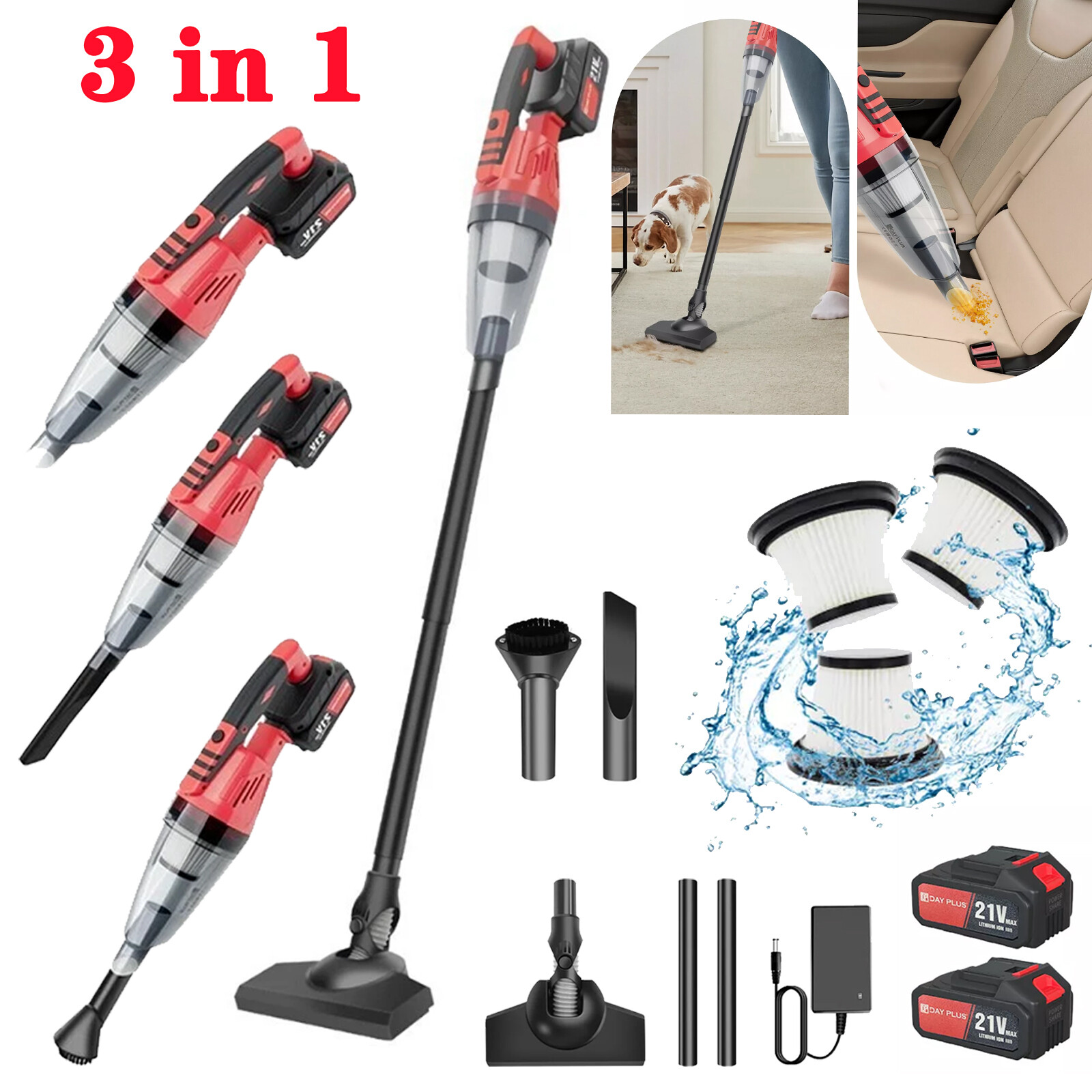 Cordless Vacuum Cleaner 3 in 1 Rechargeable Lightweight Stick Vacuum ...