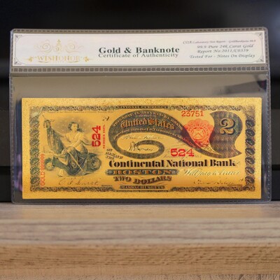 100mg 24K Gold 1875 $2 Two Dollar Bill National Currency Banknote with ...