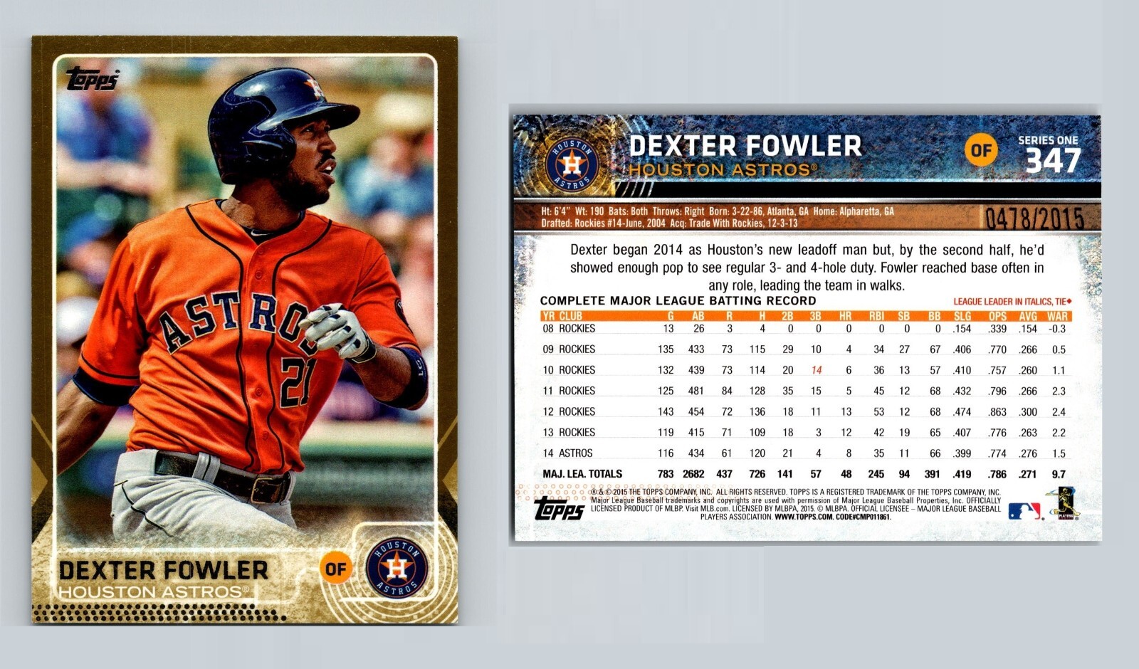 2015 Topps 347 Dexter Fowler Gold 415/2015 Astros OF | eBay