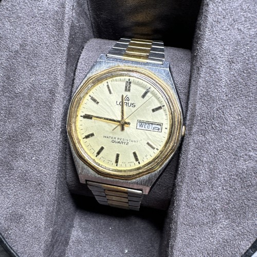 Vtg Lorus Watch Men 35mm Silver Gold Tone Day Date Y143-8060 New ...