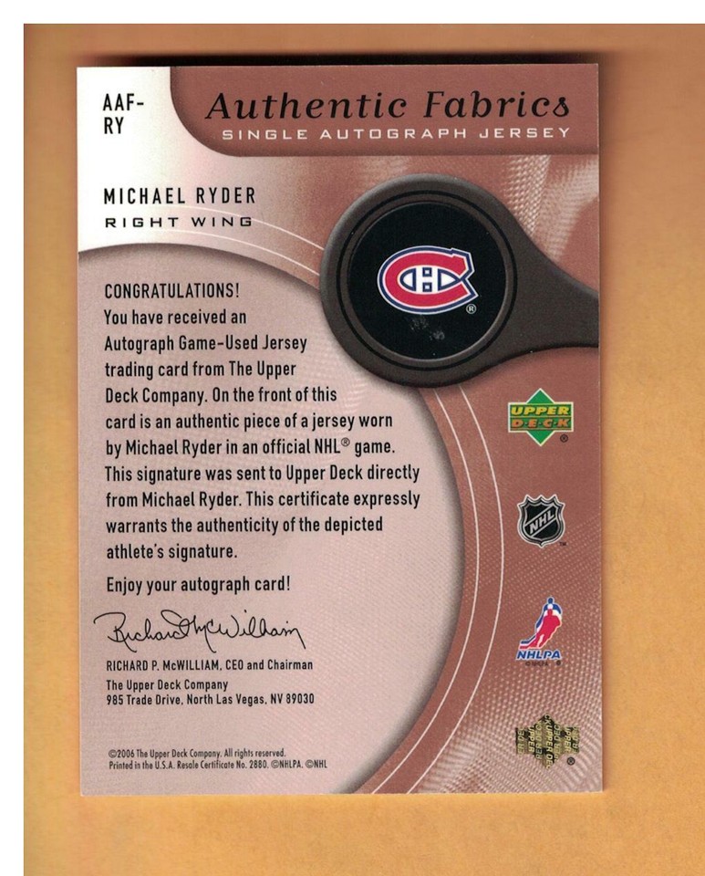 Michael Ryder 2005-06 SP Game Used Edition Authentic Fabrics ...
