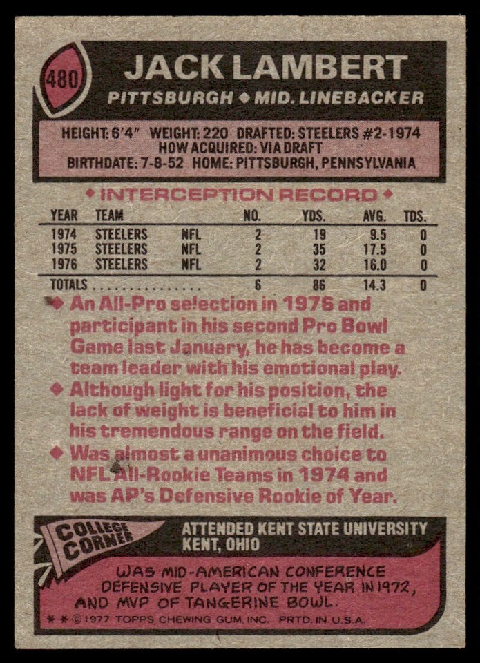 1977 Topps Football Card Jack Lambert Pittsburgh Steelers #480 VG | eBay