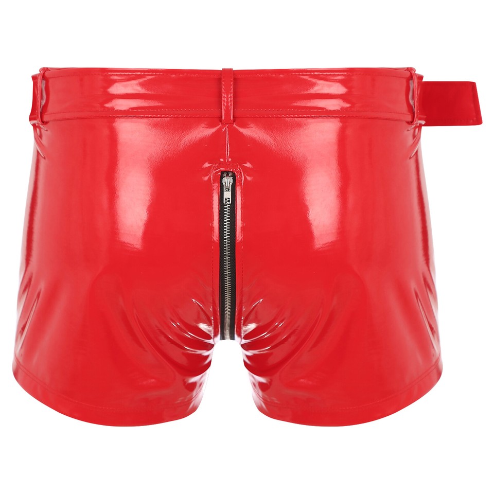 US Men PVC Leather Wet Look Shorts Bulge Pouch Hot Pants Zipper Cortch ...