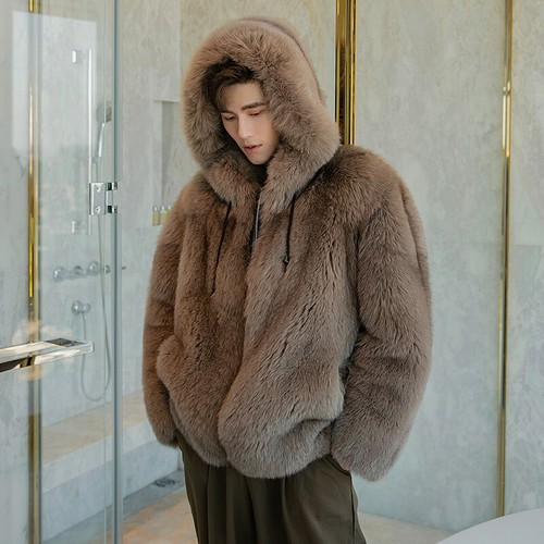 Men's Hooded Faux Fox Fur Coats Winter Warm Fur Trim Jackets Casual ...