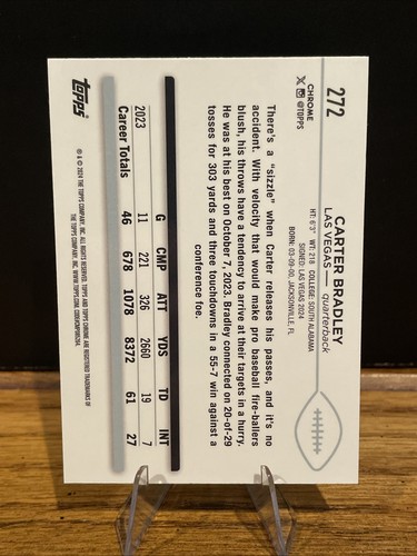 2024 Topps Chrome Football Carter Bradley Rookie Prizm Refractor SP 272 ...