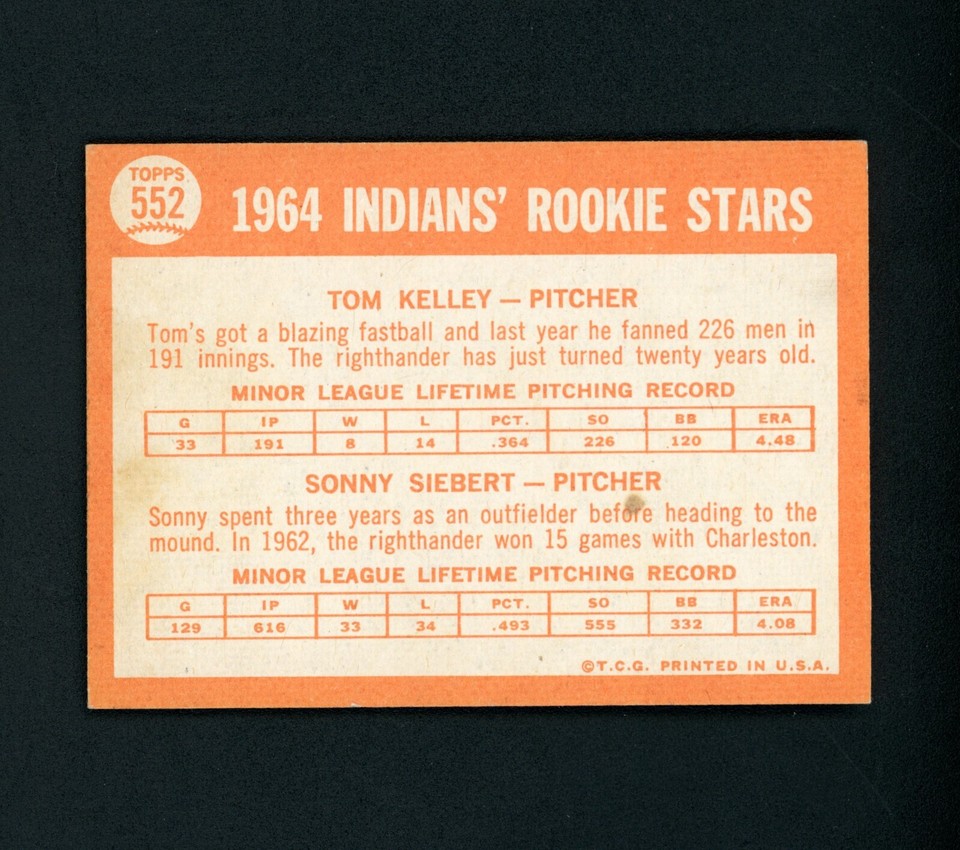 1964 Topps Cleveland Indians Rookie Stars (Tom Kelly, Sonny Siebert ...