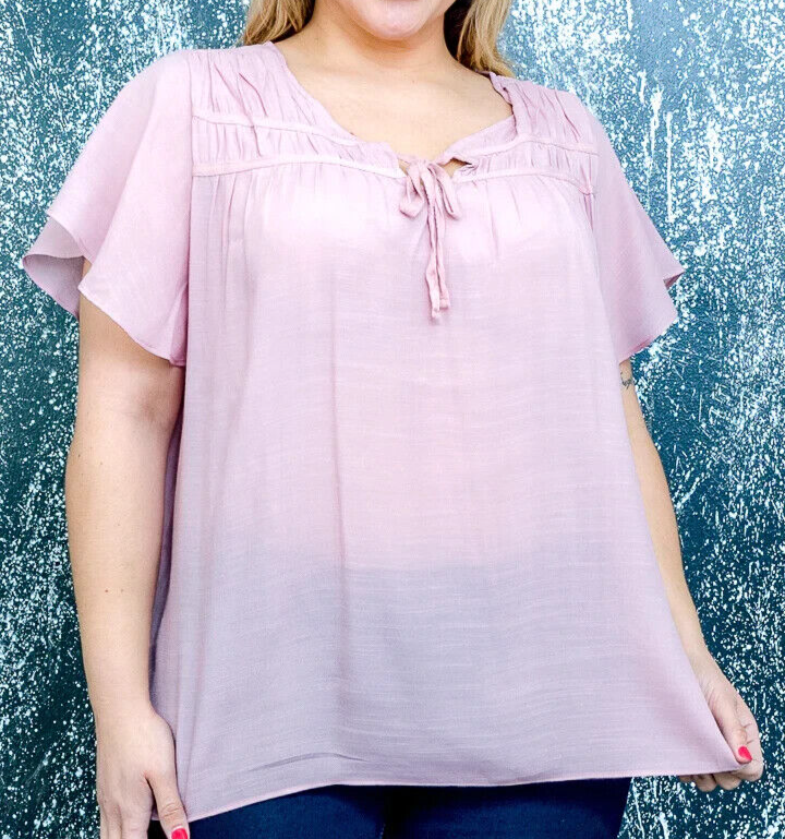 Solid LAVENDER Size 2X SHIRT TOP Womens Plus RUFFLED SHORT SLEEVES Pink ...