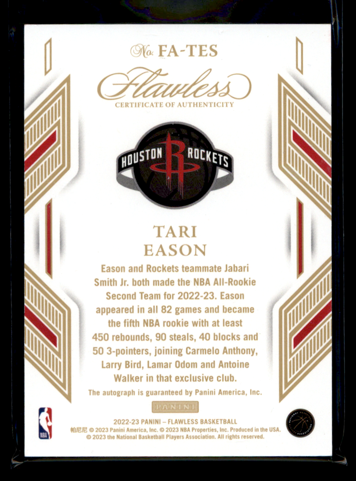 2023-24 Panini Flawless FA-TES Tari Eason Gold RC Auto 3/10 Houston ...