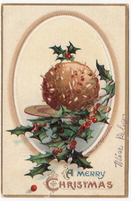 Postcard Merry Christmas, Plum Pudding Plate Holly Berries, Ellen H ...