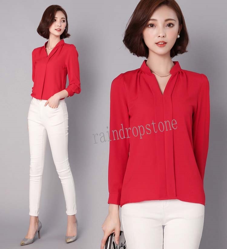 Womens Casual V-Neck Chiffon Blouse Long Sleeve Office Lady Shirts Slim ...