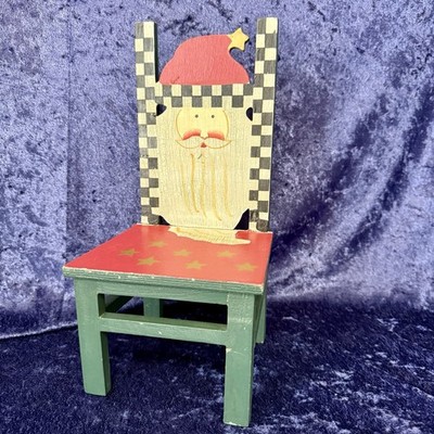 Vtg 12" Wood SANTA CHAIR Black Checkerboard Gold Star Crackle Hand ...