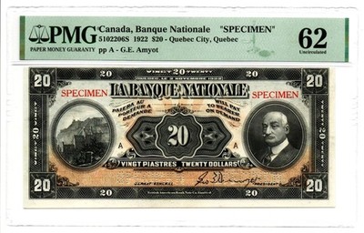 Canada Quebec City, PQ- Banque Nationale $20 1922 SPECIMEN PMG Unc 62 ...