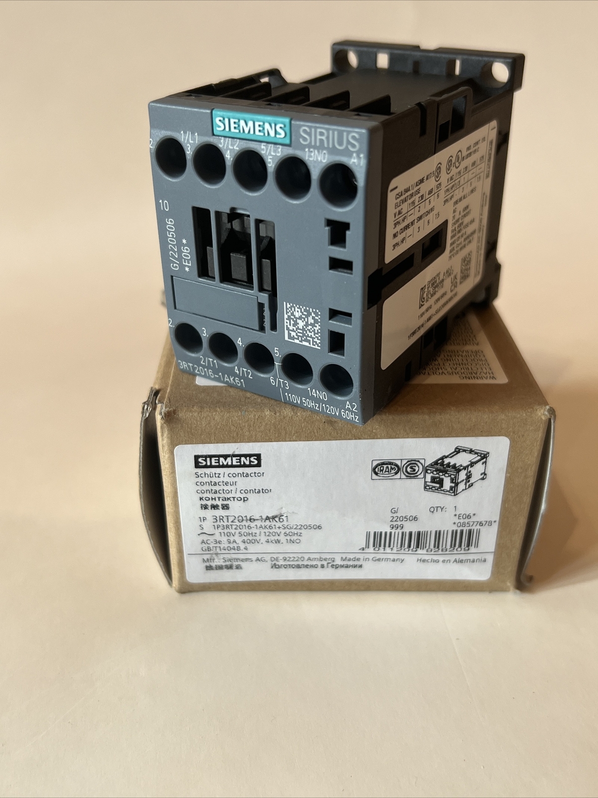 SIEMENS Contactor 3RT2016-1AK61, 110V 50Hz/ 120V 60Hz. AC:3e 9A 400V ...