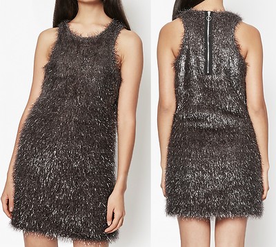French Connection Silver Exposed Back Zipper Stretch Tinsel Treat Dress ...