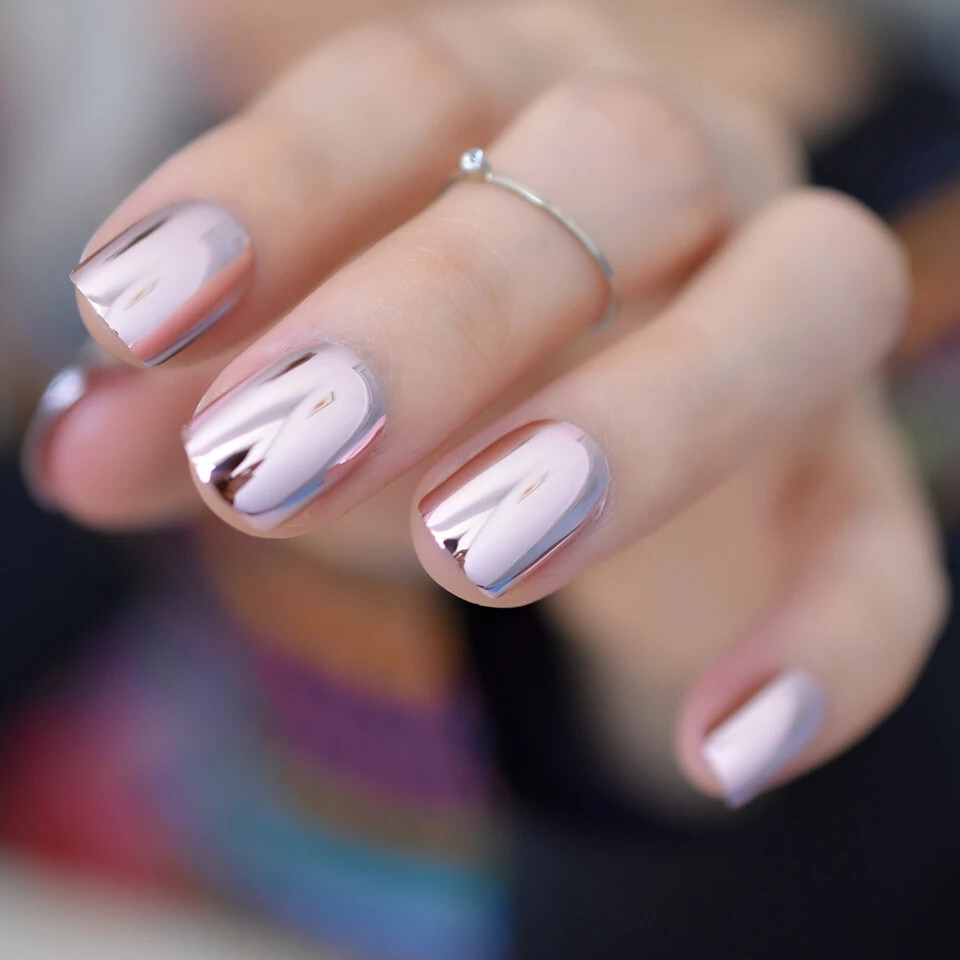 24 Short Press on nails kit w/ glue pink chrome mirror | eBay