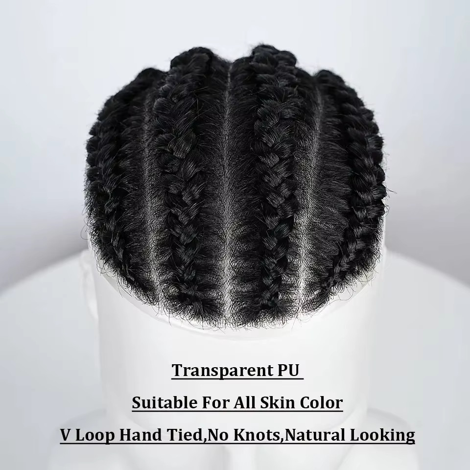 Cornrow Box Braided Human Hair Man Toupee Full Pu Skin Male Toupee For ...