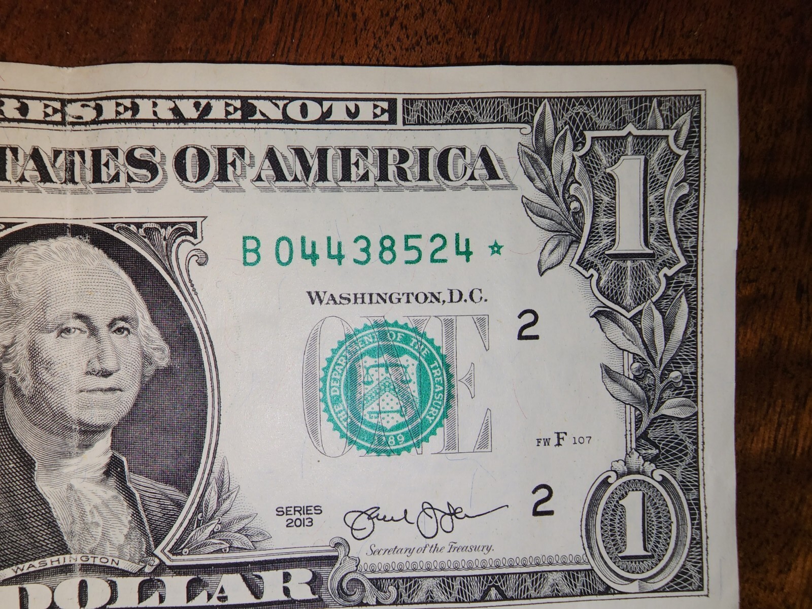 2013 $1 One Dollar Duplicate Star Error Note Serial Number B04438524 ...