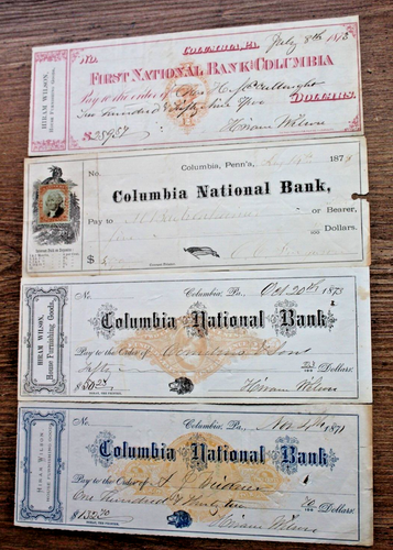 Columbia First/National Bank Checks 1870's Stamp Hiram Wilson House ...