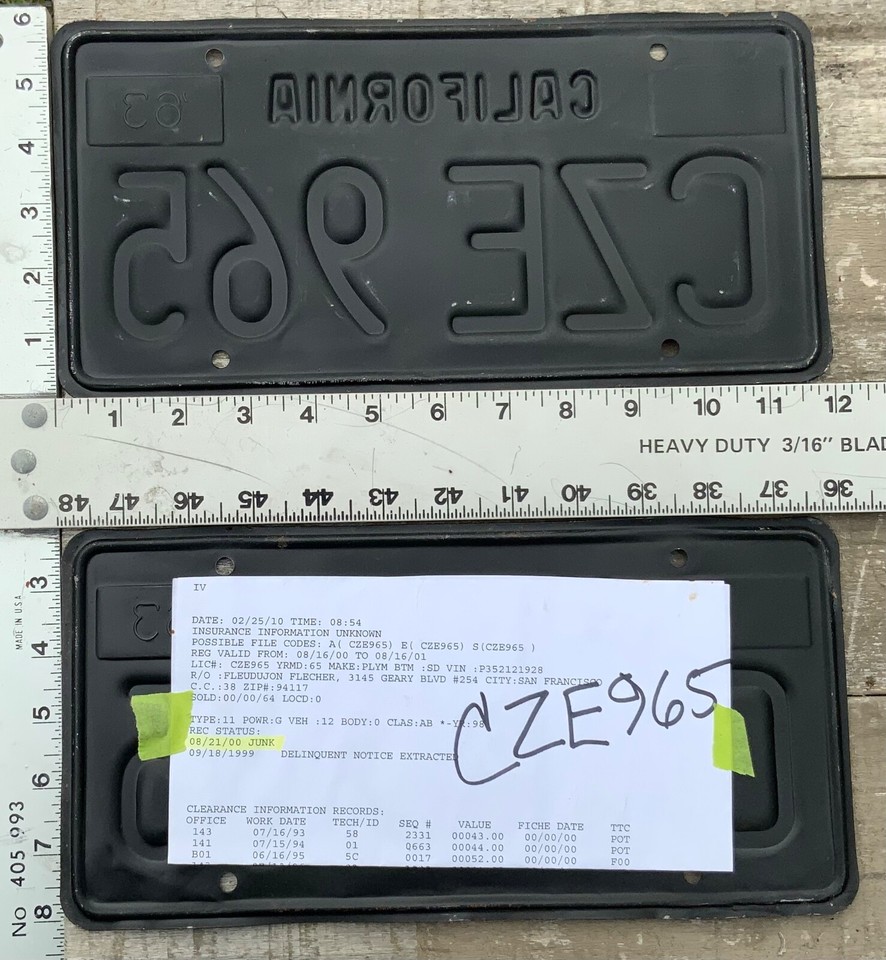 VARIOUS NUMBERS 1963 base California DMV CLEAR PAIRS black car license ...