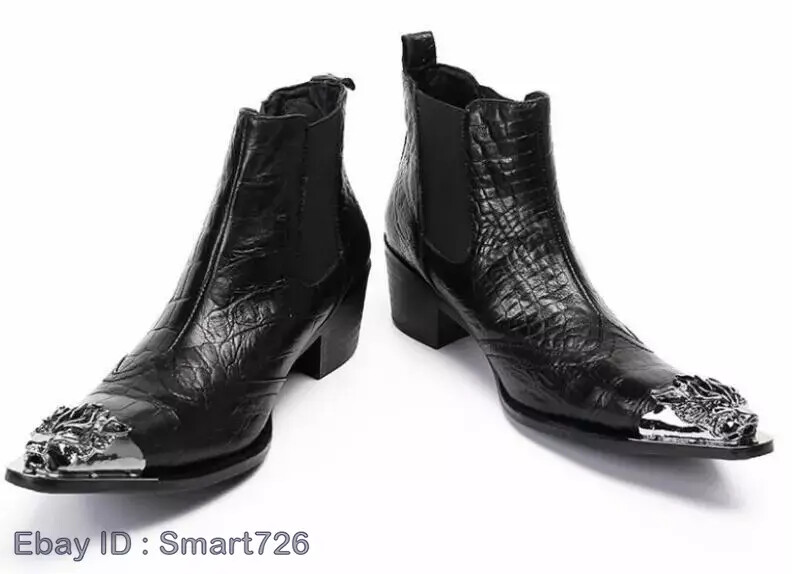 Men's Metal Head Pointy Toe Textured Fashion Ankle Boots Punk Rock ...