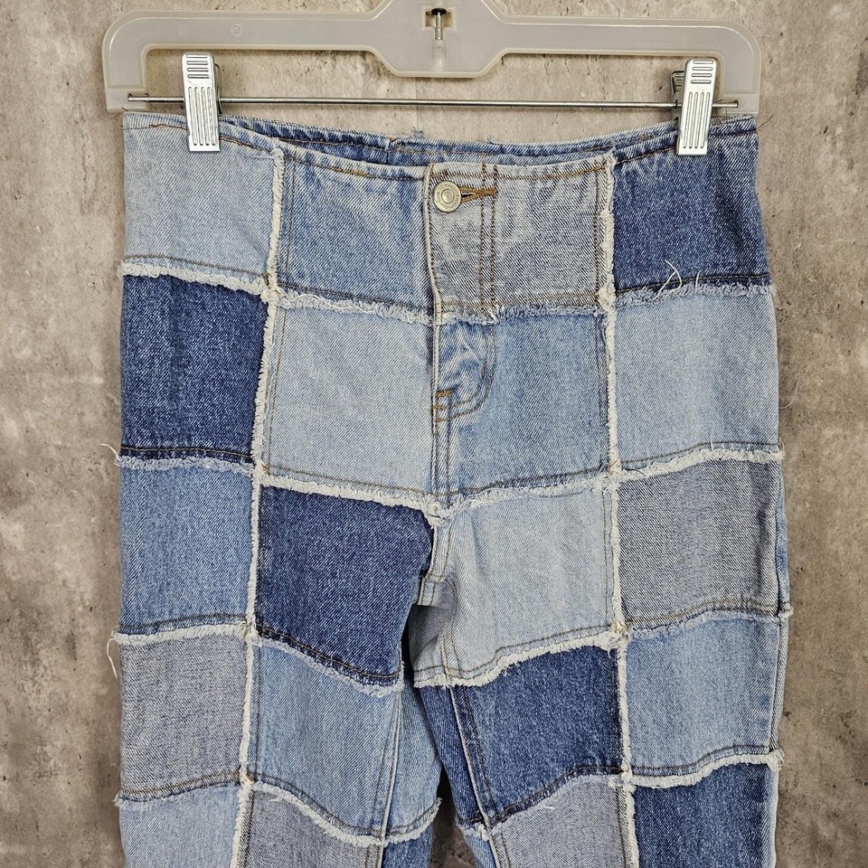 Vintage Y2K Boundaries Patchwork Denim Jeans Womens 26x29 Flare Raw Hem ...