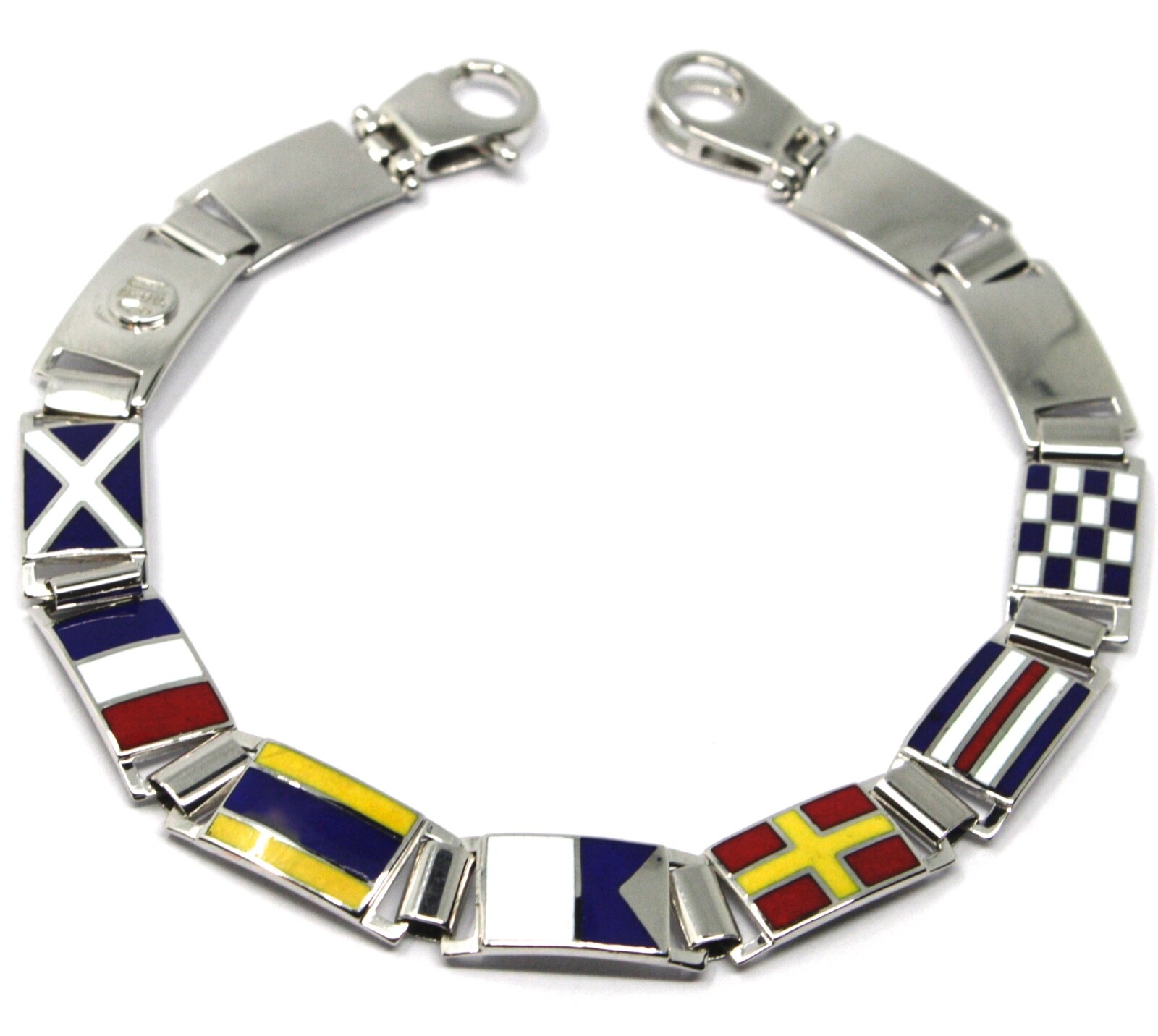 SOLID 18K WHITE GOLD BRACELET BIG ENAMEL NAUTICAL 8mm FLAGS, 8.5", MADE ...