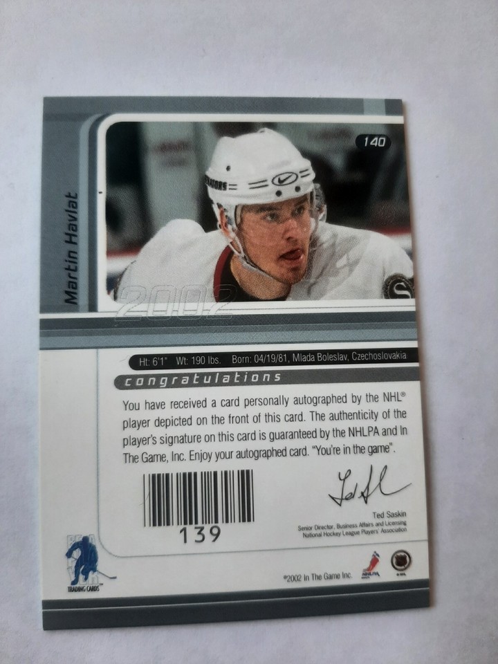 2001-02 In The Game Bap Signature Series Martin Havlat Auto Gold Card ...