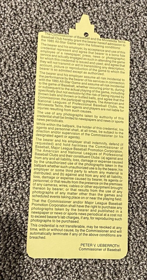 1985 MLB All Star Game Un-Used Media Pass Credential Metrodome ...