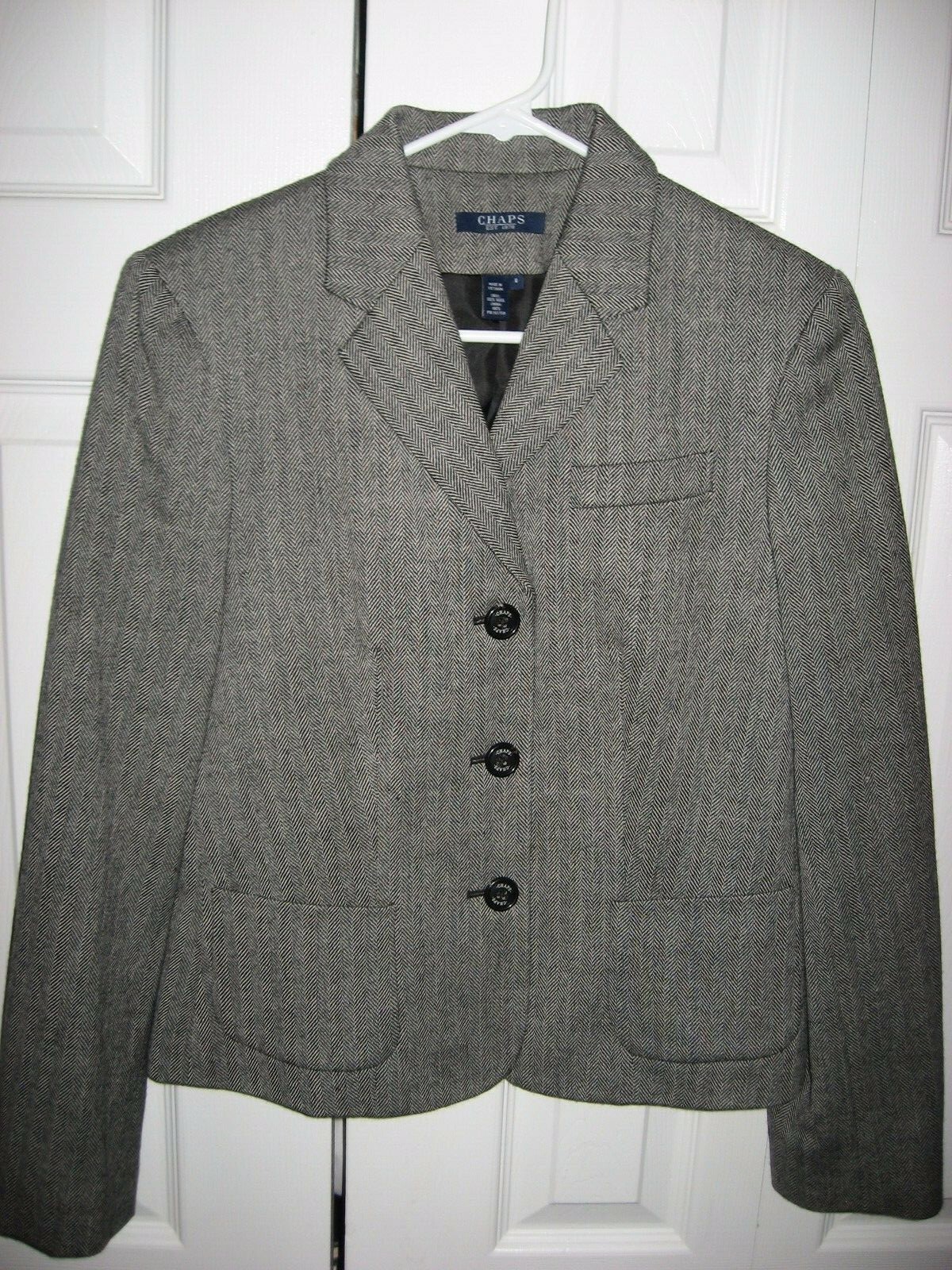 Womens Gray Herringbone CHAPS Lined Wool Blazer Jacke… - Gem