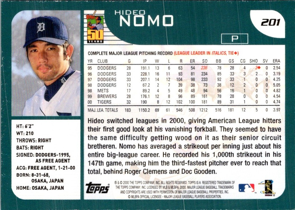 2001 Topps Hideo Nomo #201 Detroit Tigers Baseball Card | eBay
