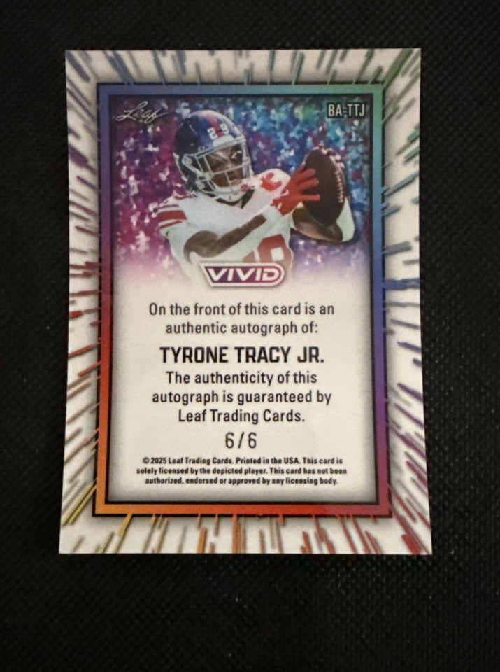 2025 Leaf Vivid Football Tyrone Tracy Jr. Auto /6 New York NY Giants ...